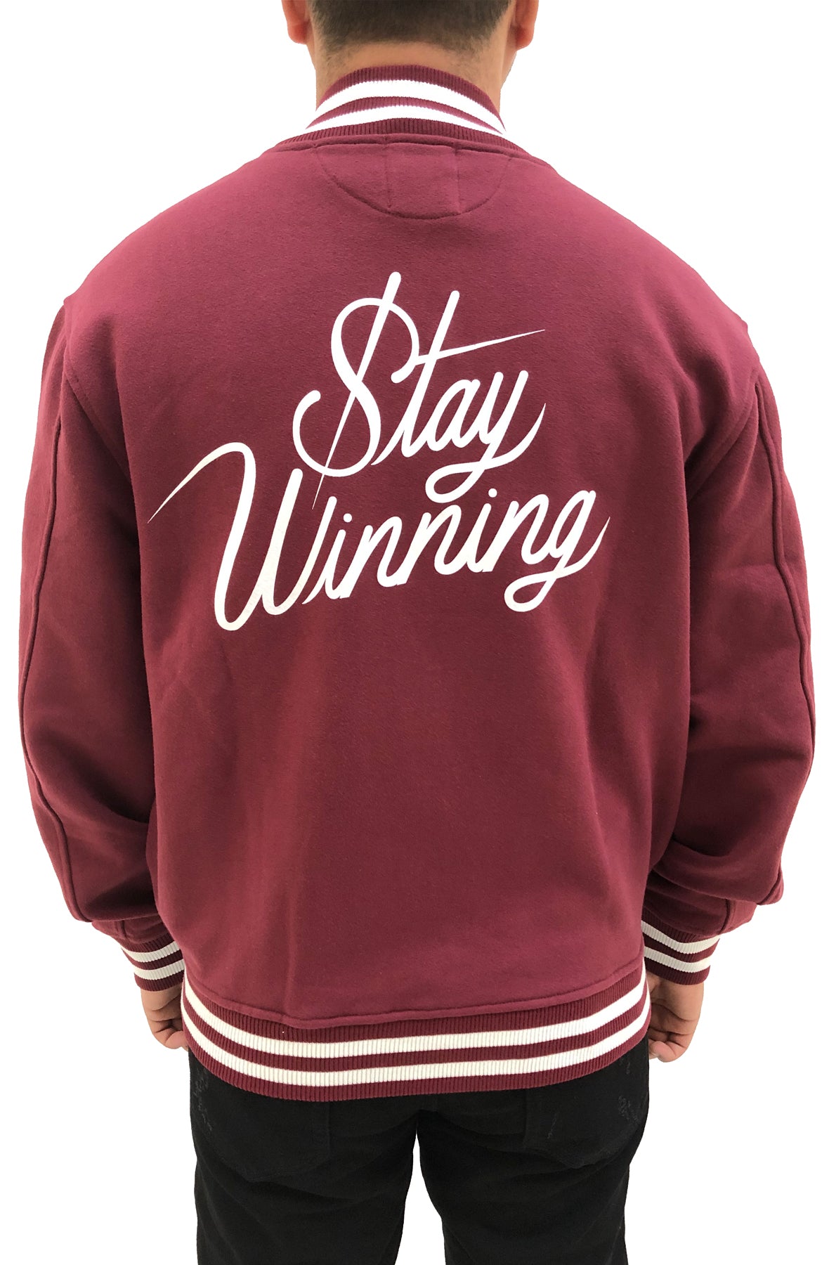 Stay Winning Original Logo/Script Maroon/White Varsity Jacket – STAY ...